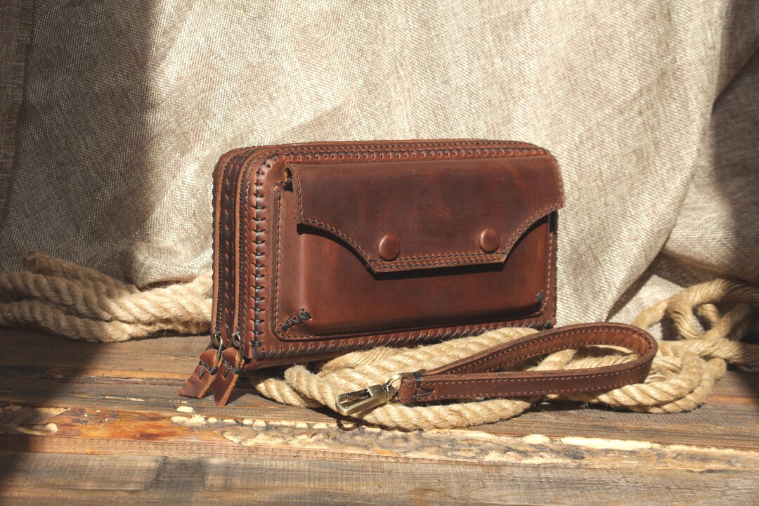 Handmade Crazy Horse Leather Double Zip Clutch Wallet: Wristlet With ...
