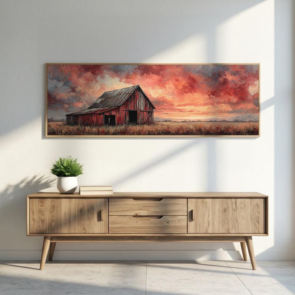 Rustic Red Barn Wall Art Print, Country Farm Landscape, Warm Sunset ...
