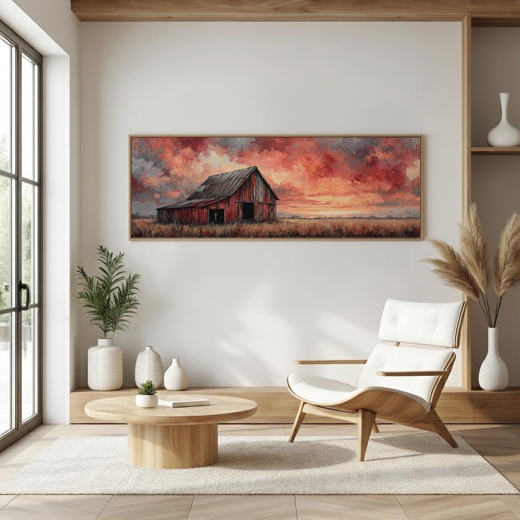 Rustic Red Barn Wall Art Print, Country Farm Landscape, Warm Sunset ...