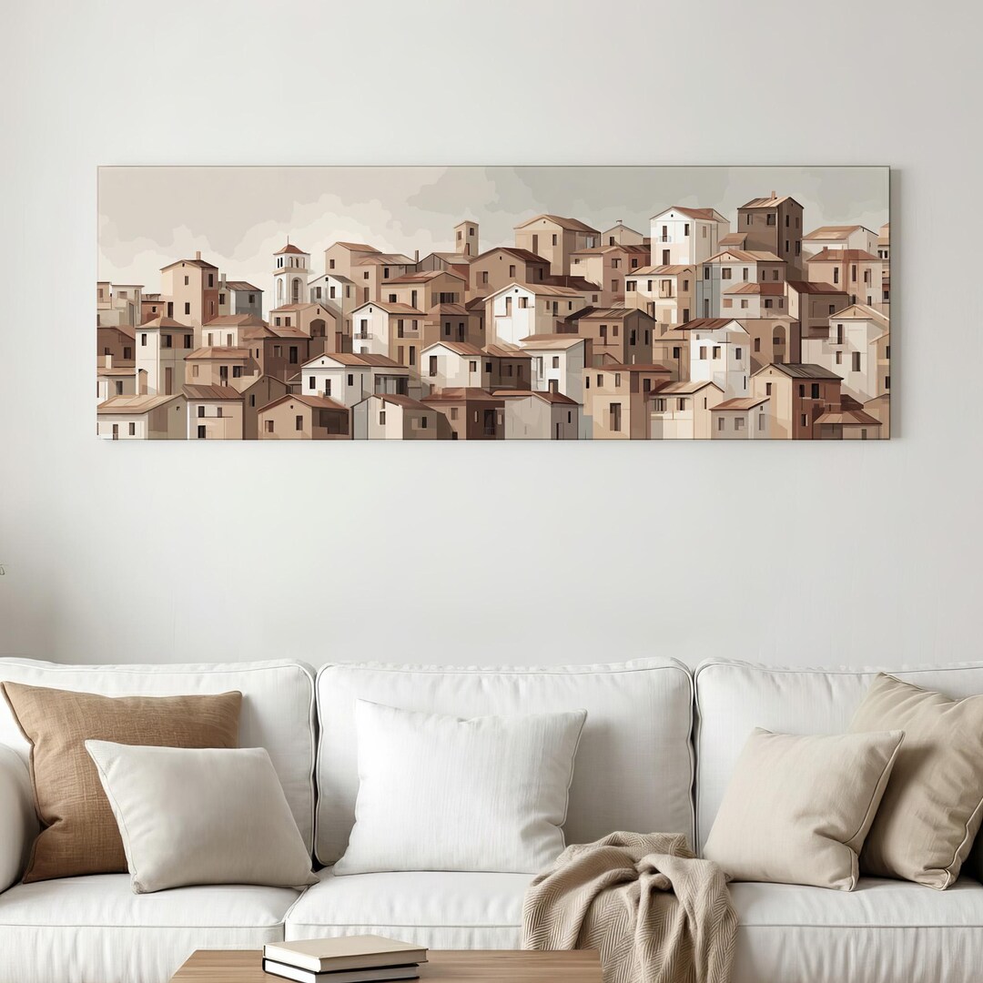 European Village Wall Art Print, Warm Neutral Houses Cityscape Painting ...