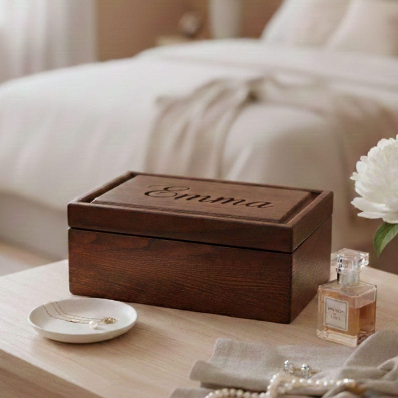 Personalized Dark Wooden Jewelry Box With Drawers for 5th Anniversary ...
