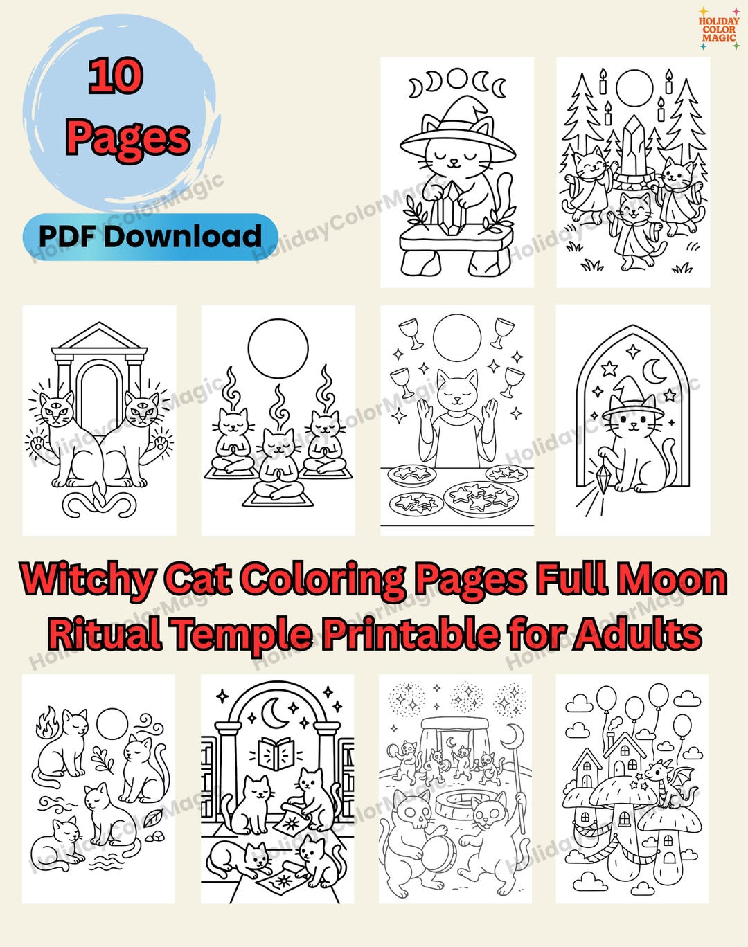 Witchy Cat Coloring Pages Full Moon Ritual Temple Printable for Adults ...