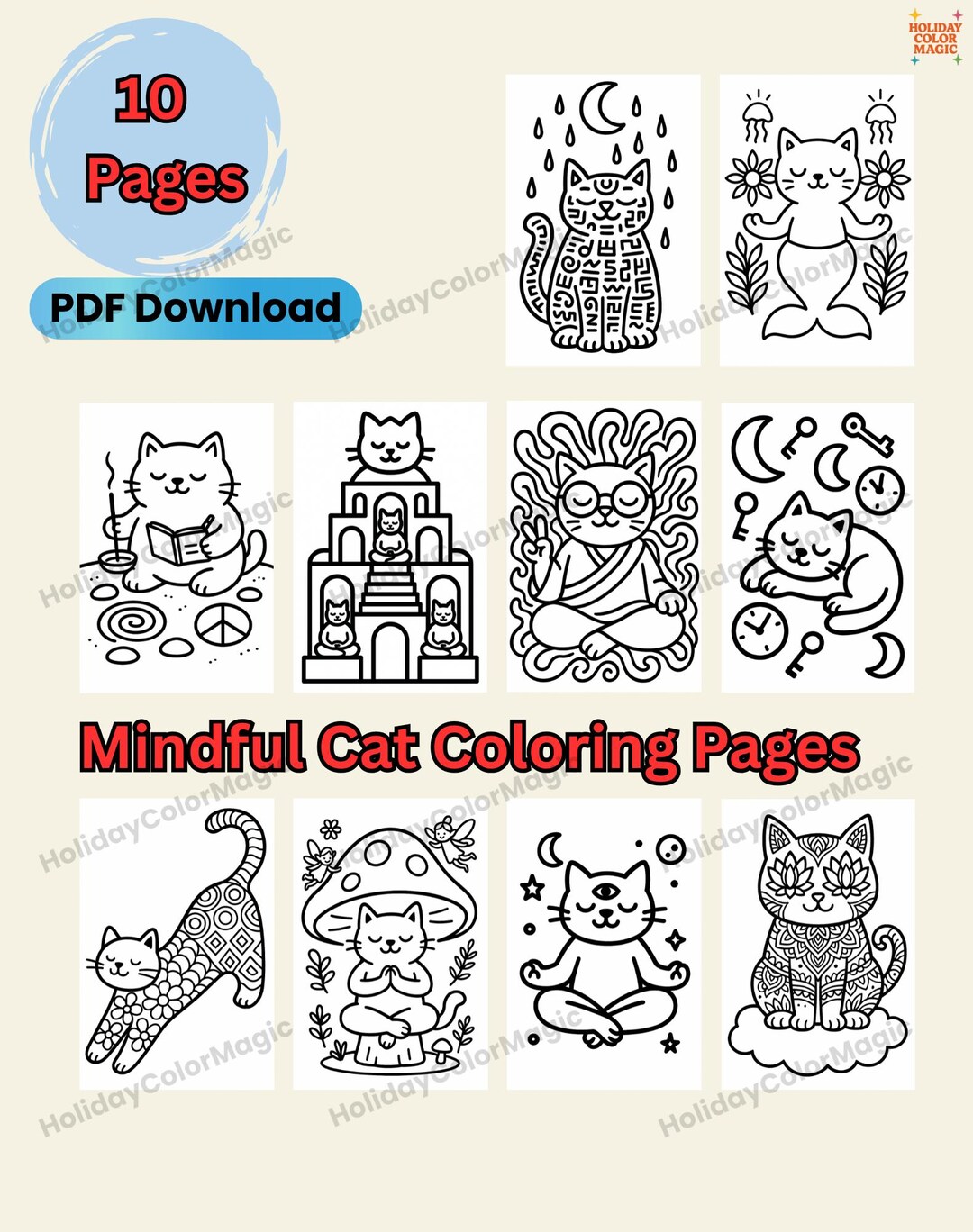 Mindful Cat Coloring Pages: Stress Relief Printable Art - Etsy