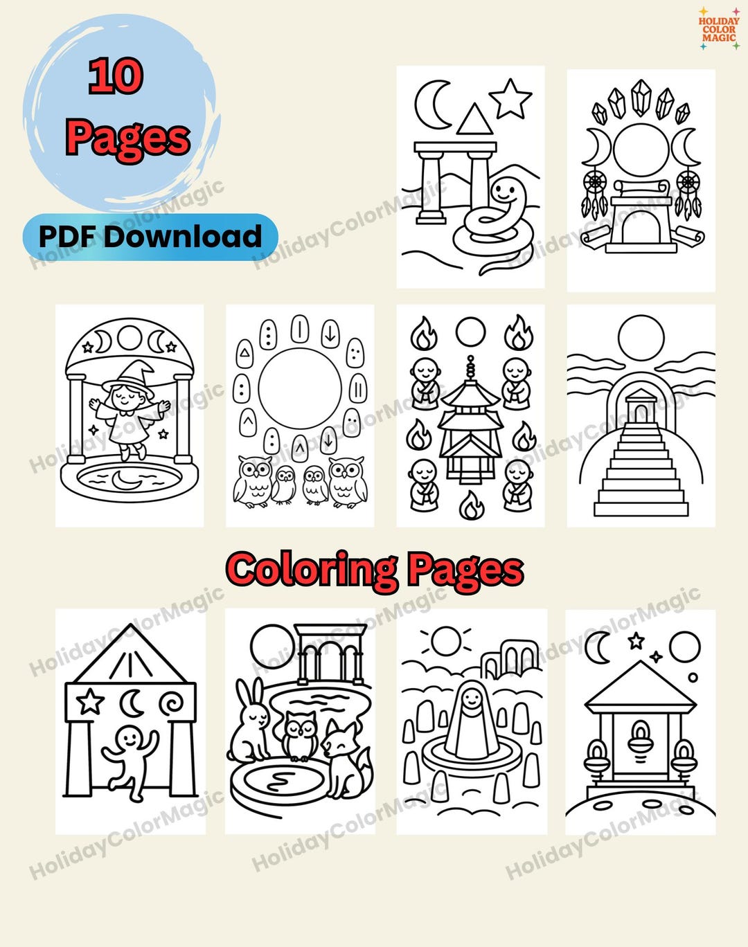 Spiritual Temple Coloring Pages Bundle Sacred Architecture Line Art ...