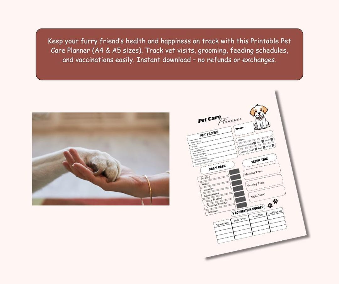 Printable Pet Care Planner | Pet Health & Vet Tracker | Feeding ...