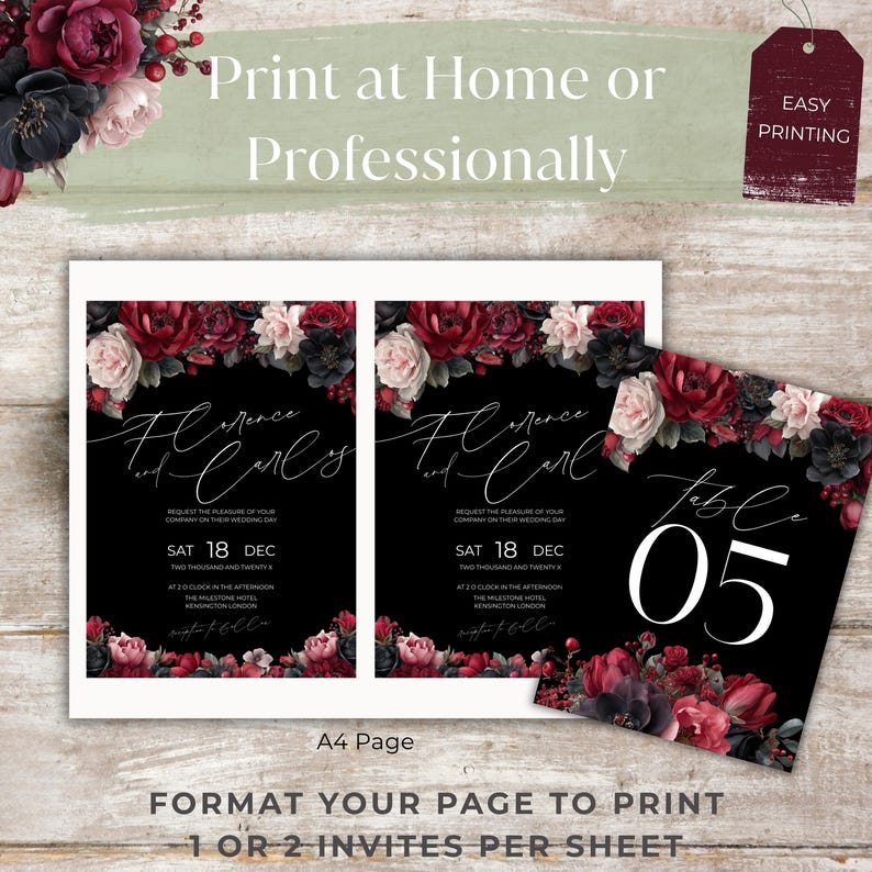 Midnight Burgundy Floral Table Number Sign | Dark Elegant Wedding Table ...