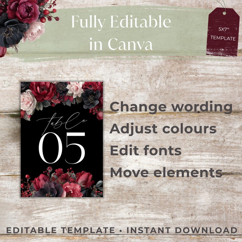 Midnight Burgundy Floral Table Number Sign | Dark Elegant Wedding Table ...