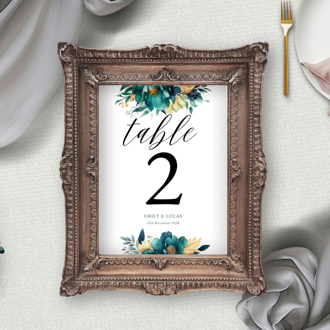 Teal & Gold Floral Table Number Sign | Elegant Wedding Table Decor ...