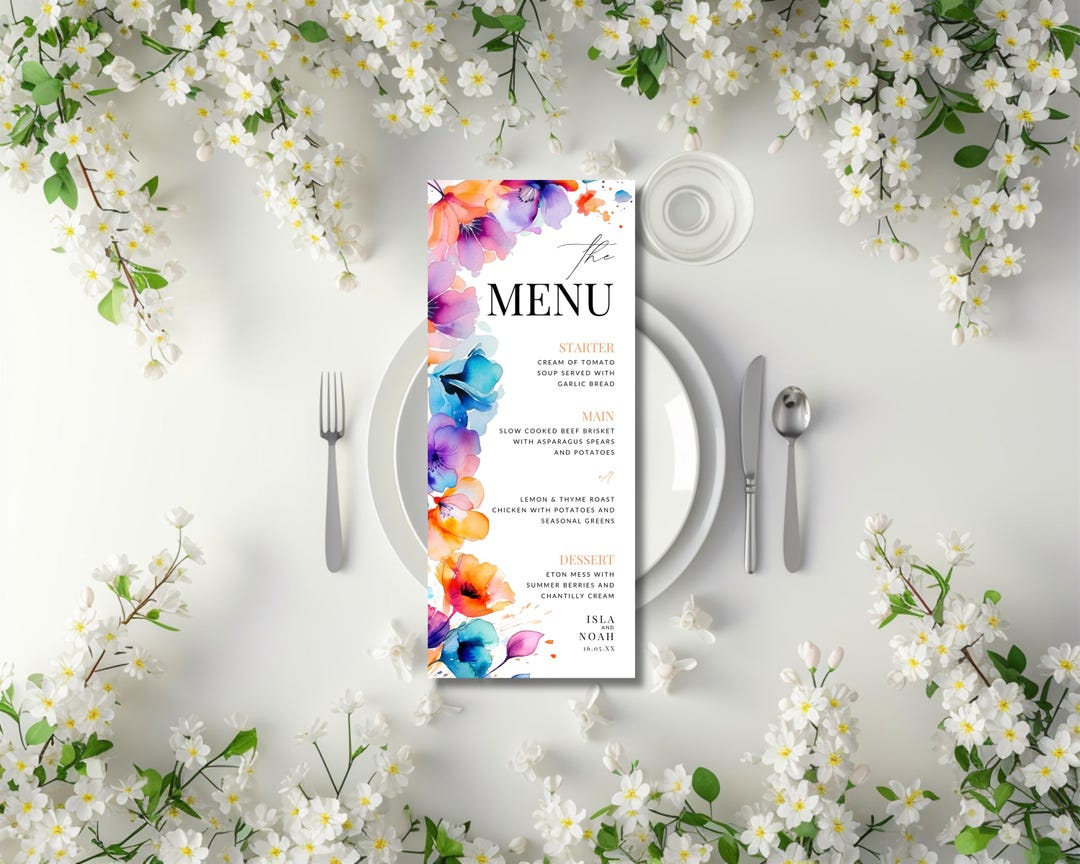 Abstract Floral Watercolour Menu Card | Bright Blue, Purple & Orange ...