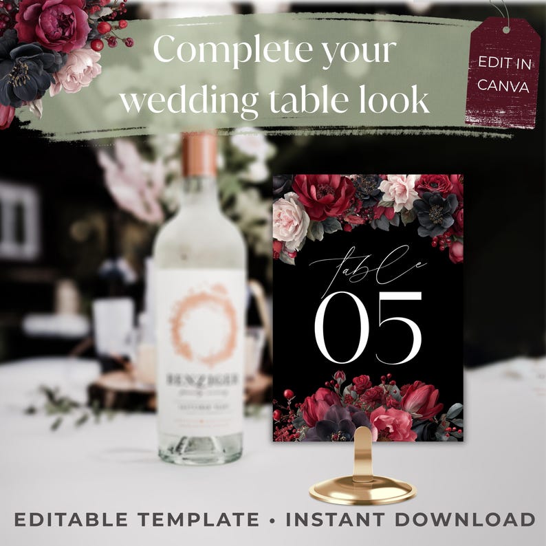 Midnight Burgundy Floral Table Number Sign | Dark Elegant Wedding Table ...