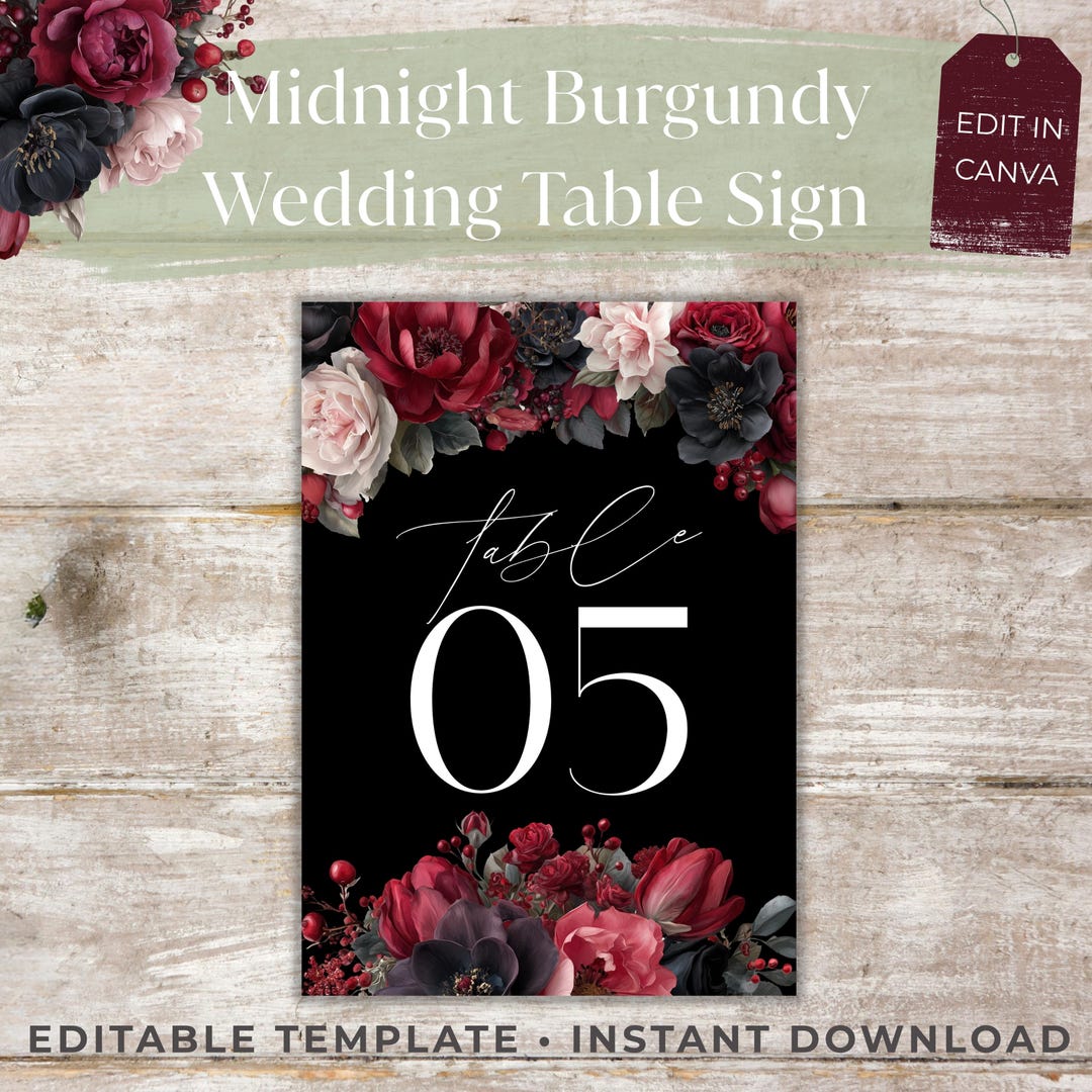 Midnight Burgundy Floral Table Number Sign | Dark Elegant Wedding Table ...