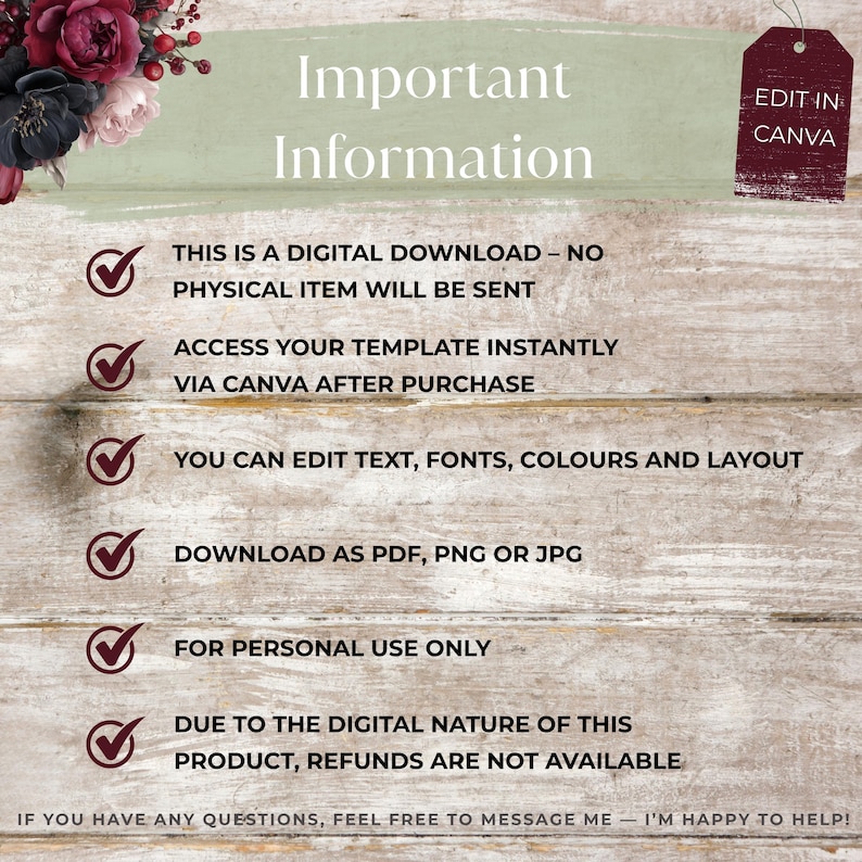 Midnight Burgundy Floral Table Number Sign | Dark Elegant Wedding Table ...