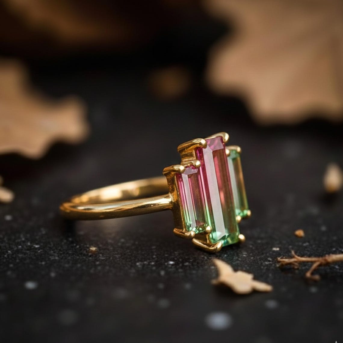 Vintage Baguette Cut Watermelon Tourmaline Ring, Three Stone Engagement ...