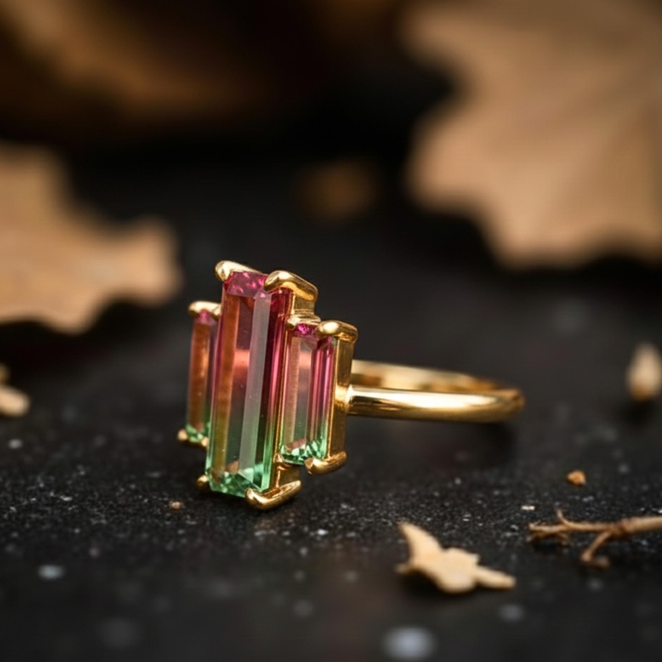 Vintage Baguette Cut Watermelon Tourmaline Ring, Three Stone Engagement ...