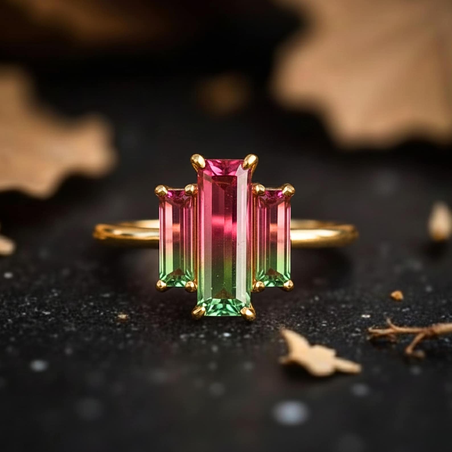 Vintage Baguette Cut Watermelon Tourmaline Ring, Three Stone Engagement ...