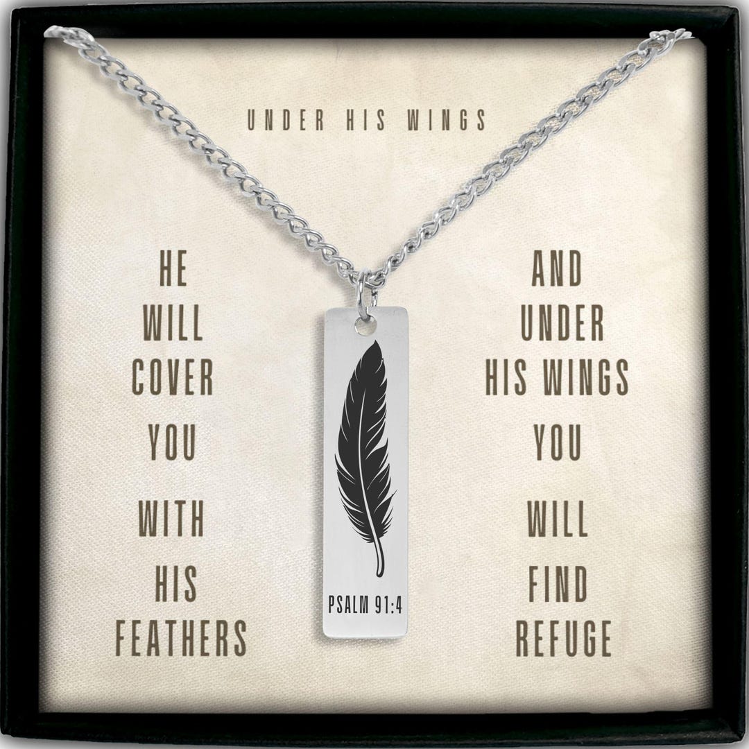 Personalized Psalm 91 Feather Necklace for Him, Custom Bible Verse Bar ...