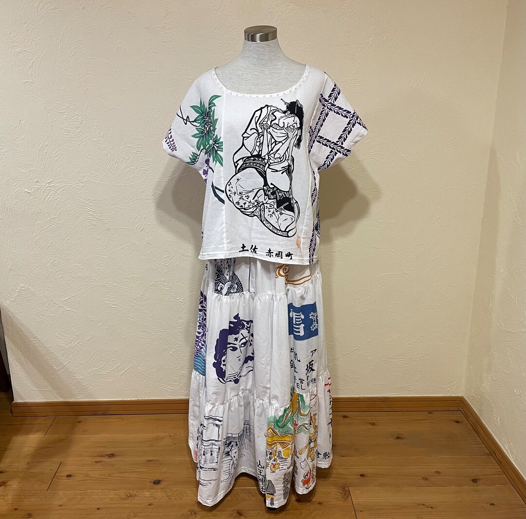 Vintage Japanese Tenugui Towel Upcycled Cotton Patchwork Tiered Skirt ...