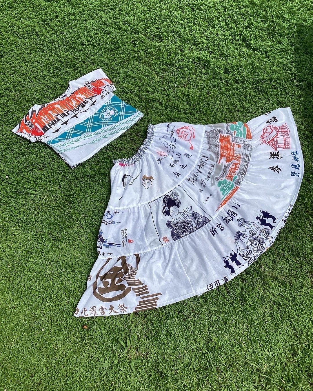 Vintage Japanese Tenugui Towel Upcycled Cotton Patchwork Tiered Skirt ...