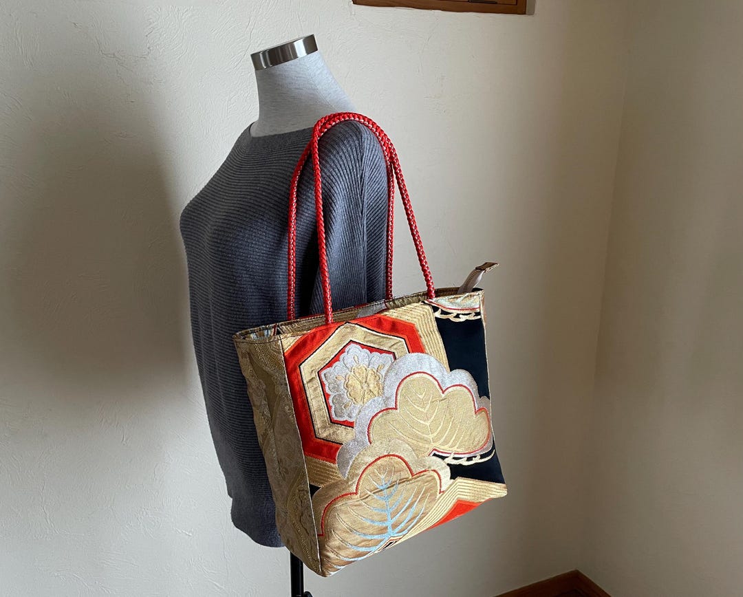 Vintage Japanese Obi Upcycled Metallic Fabric Tote Bag Shopping Bag ...