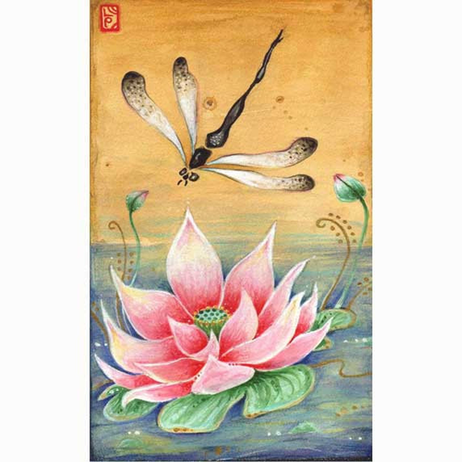 Dragonfly and Lotus Art Print From the Original Zen Painting Awakening ...