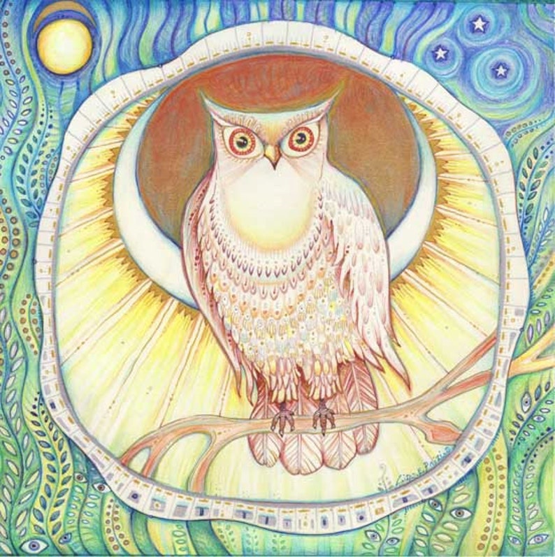 Moon Owl Art Print From the Original Drawing by Liza Paizis | Etsy