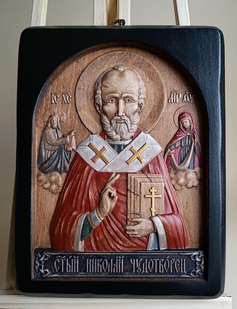 3D Woodcarving - Hand Painted - Orthodox Icon of St. Nicholas the ...