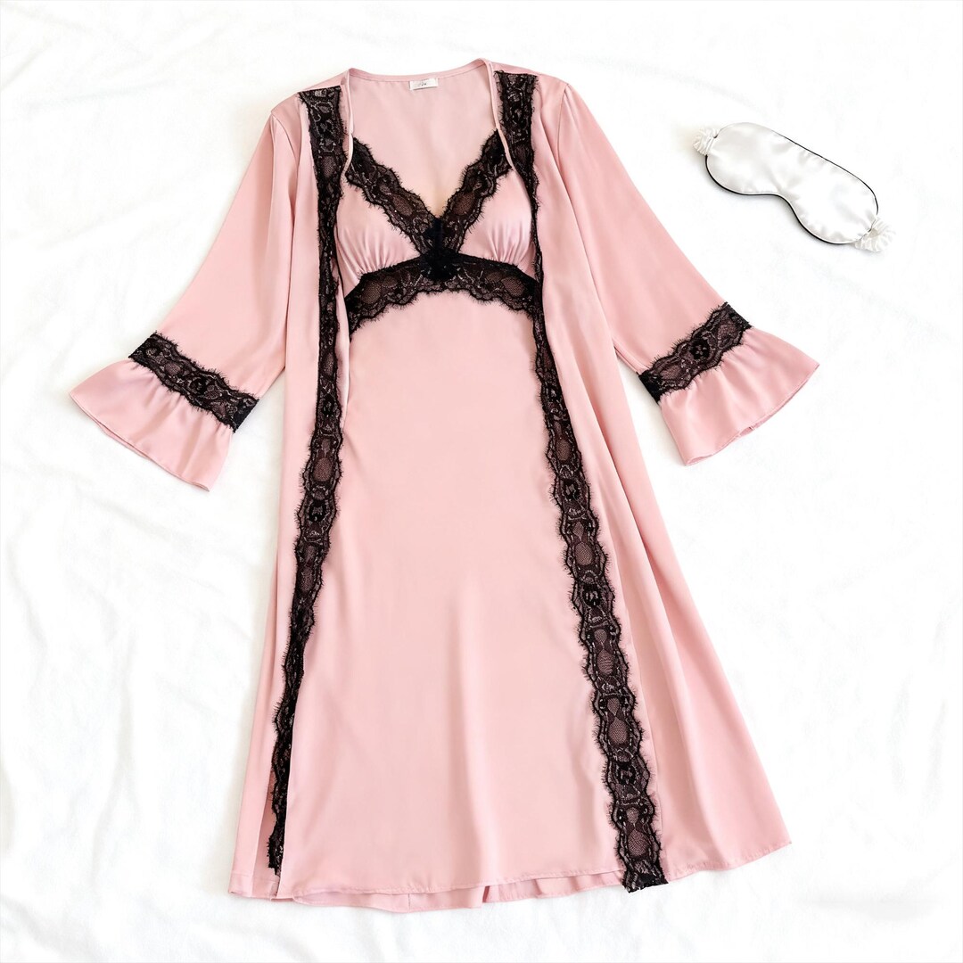 Silk Robe and Nightgown Set, French 2 Piece Pajamas Set, Satin Dressing ...
