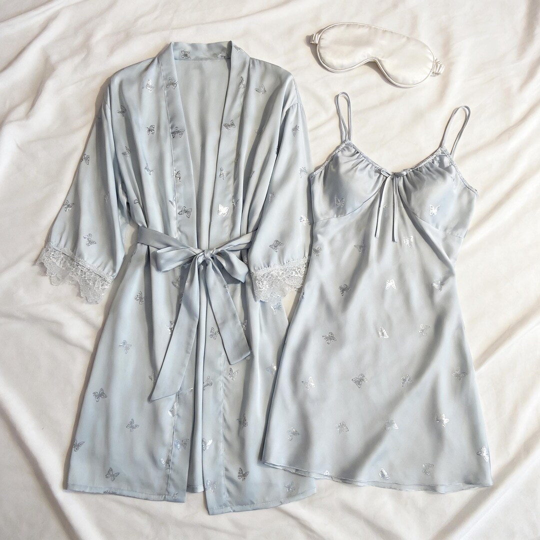Blue Butterfly Silk Pajama Set, Bridal Satin Sleepwear, Silk Nightgown ...