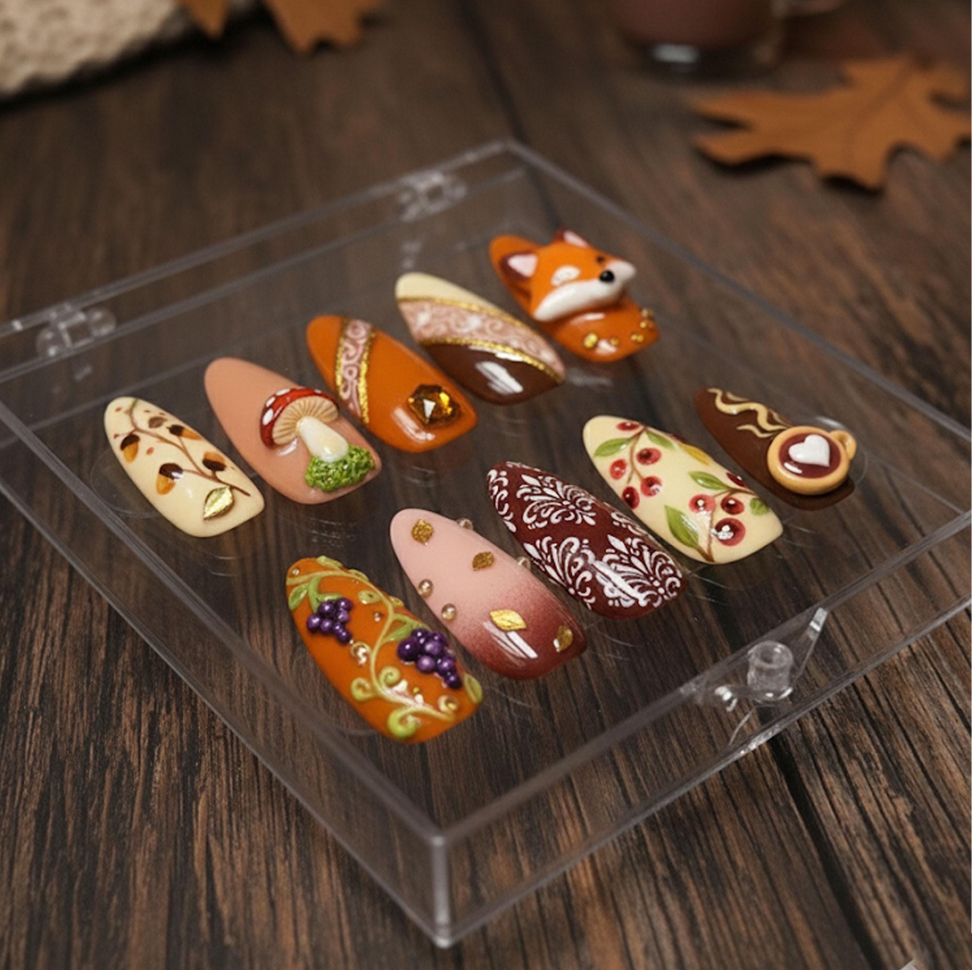 Autumn Press on Nails | Fall Fox Mushroom Coffee Handmade Nail Art ...