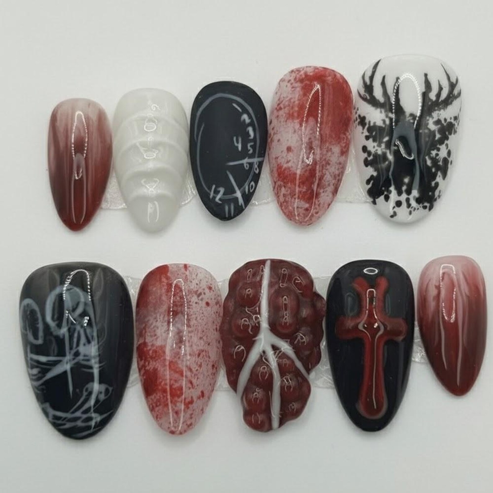 Handmade Gore Press on Nails | 3D Brain, Blood Splatter & Gothic Cross ...