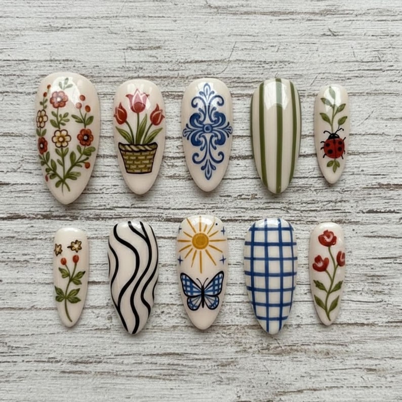 Handmade Cottagecore Folk Nails | Garden Flower, Ladybug & Butterfly ...
