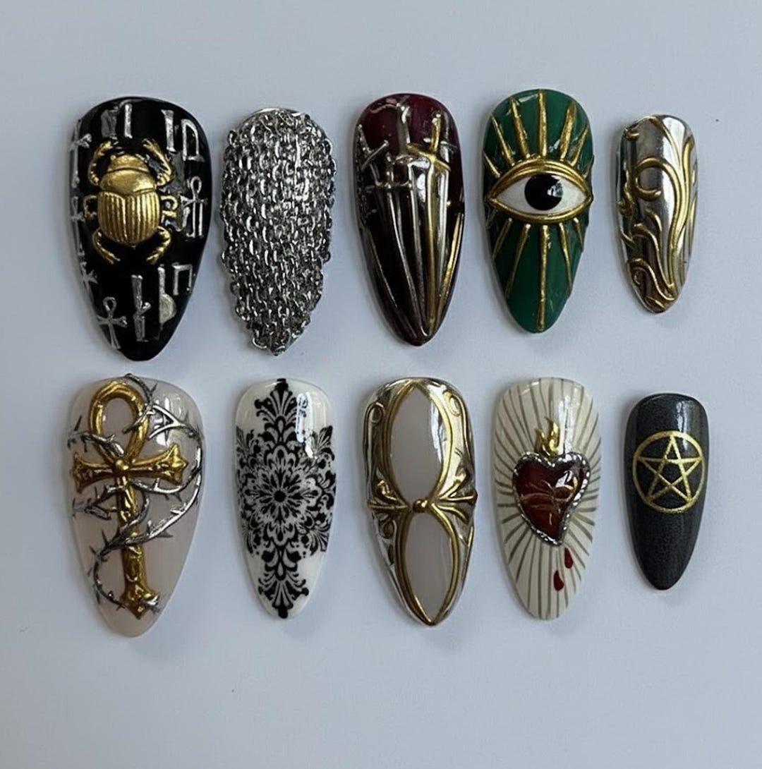 Ancient Egyptian Mystical Press on Nails | 3D Gold Scarab, Ankh Cross ...