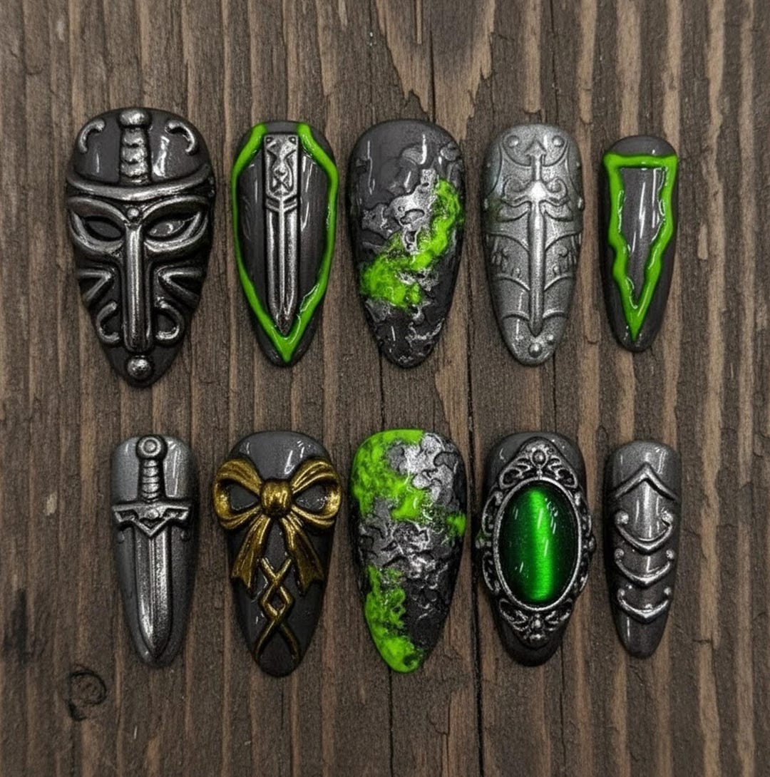 Handmade Dark Knight Nails | 3D Iron Mask, Sword & Neon Moss Press On ...