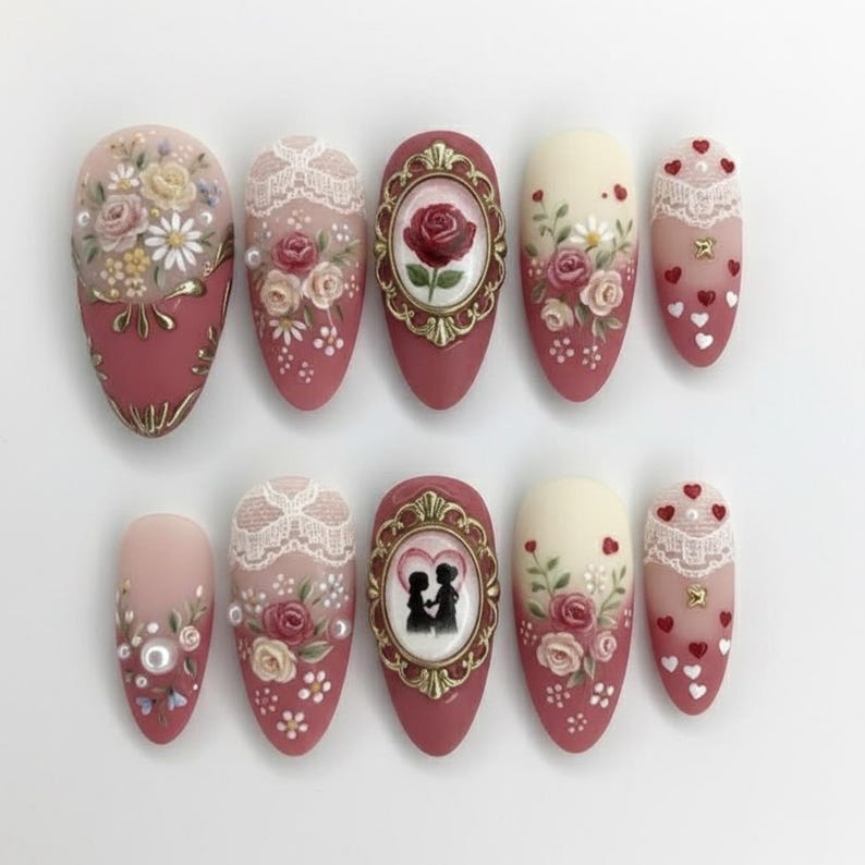 Handmade Victorian Rose Nails | 3D Lace, Pearl & Romantic Portrait ...