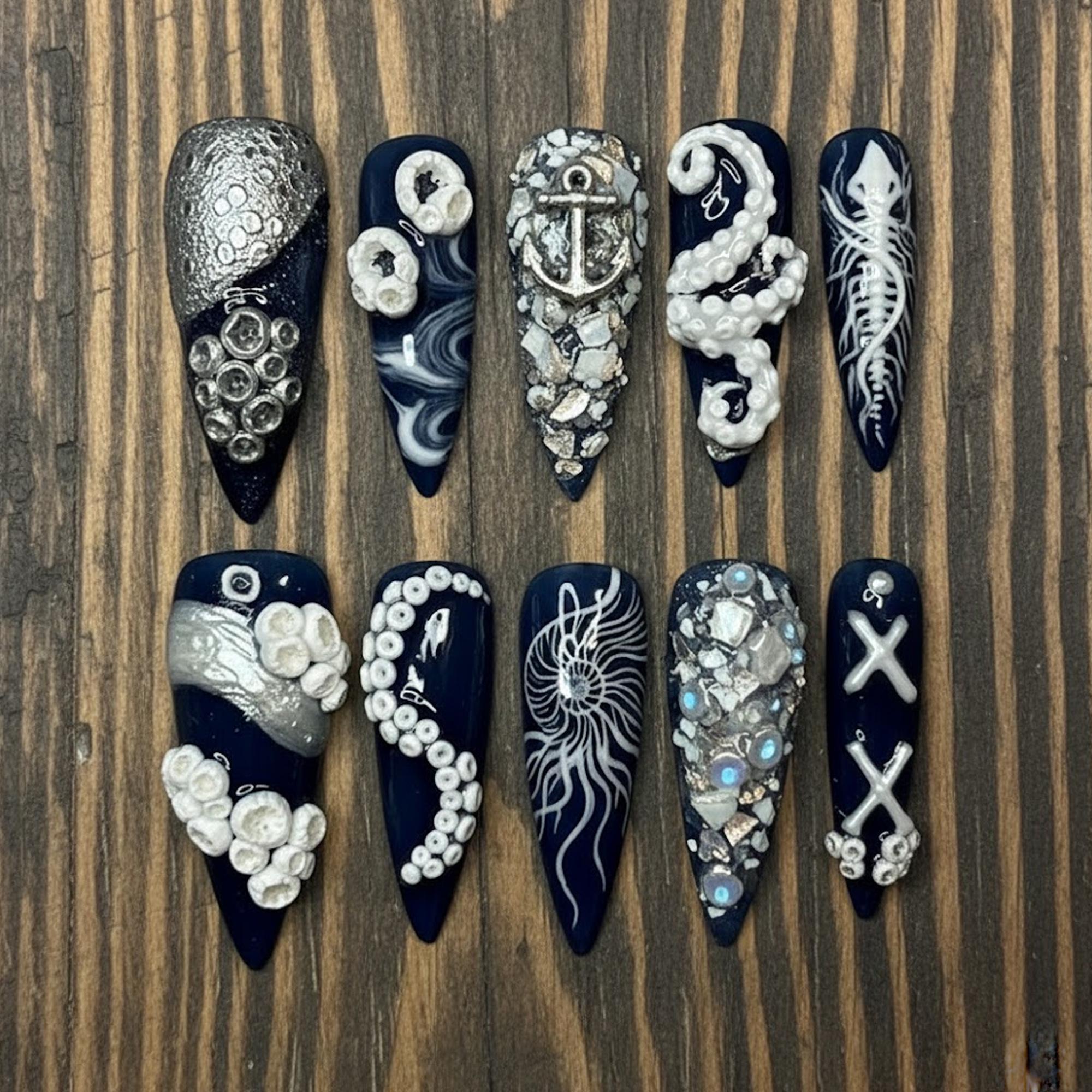 Dark Deep Sea Kraken Press on Nails | 3D Octopus Tentacle, Silver ...