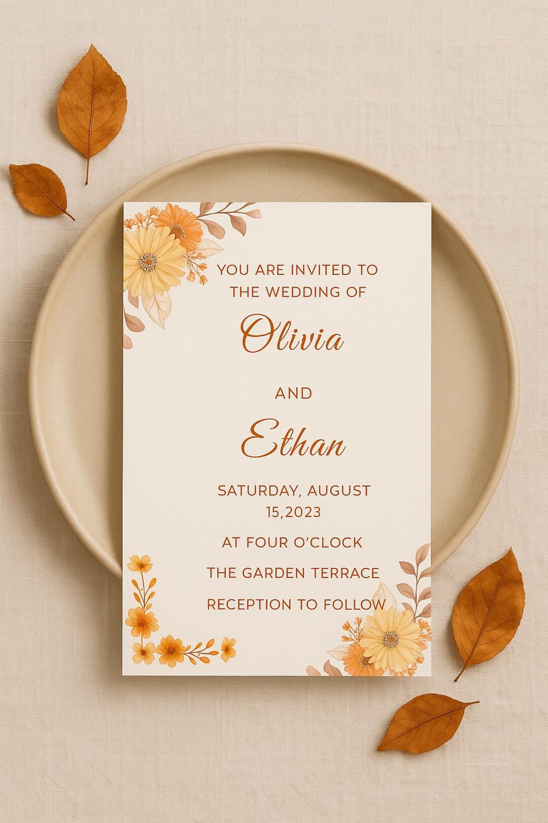 Rust Orange Floral Wedding Invitation Template: Boho Autumn Design ...