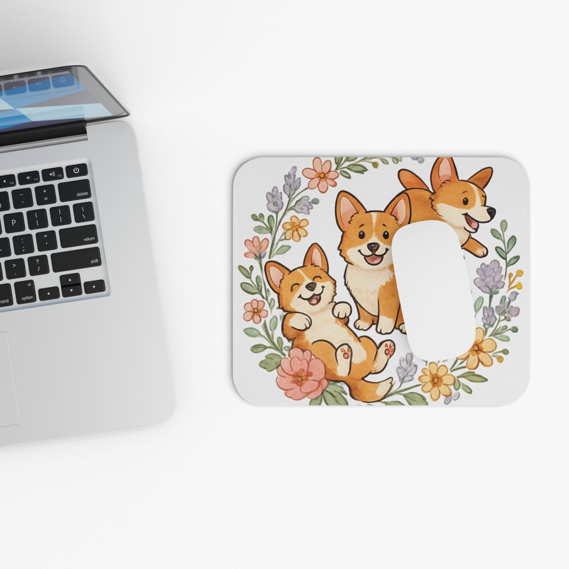 Corgi Floral Wreath Mouse Pad | Cartoon Dog Desk Mat - Etsy