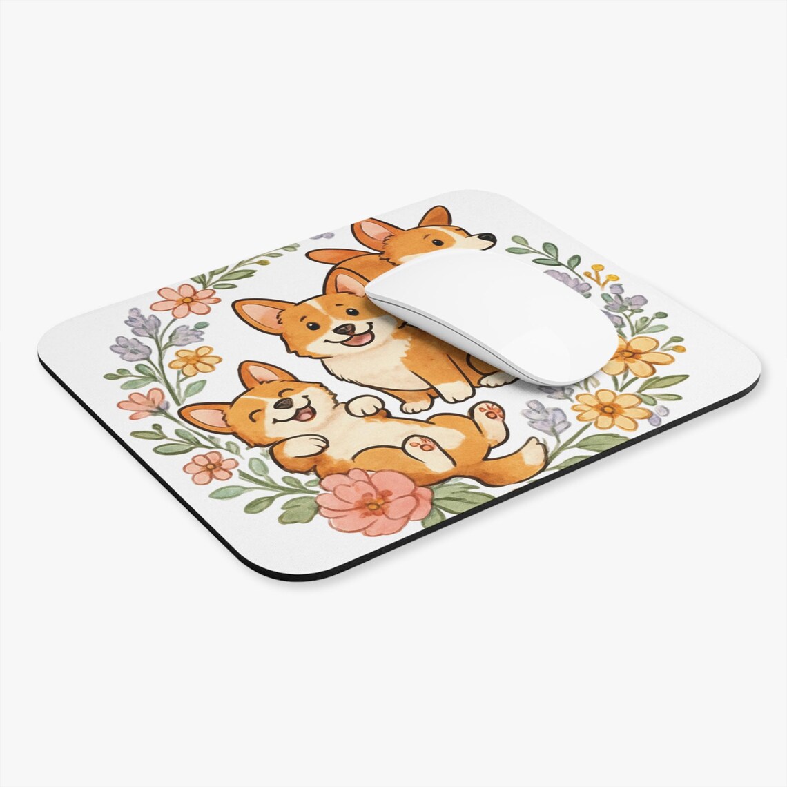 Corgi Floral Wreath Mouse Pad | Cartoon Dog Desk Mat - Etsy