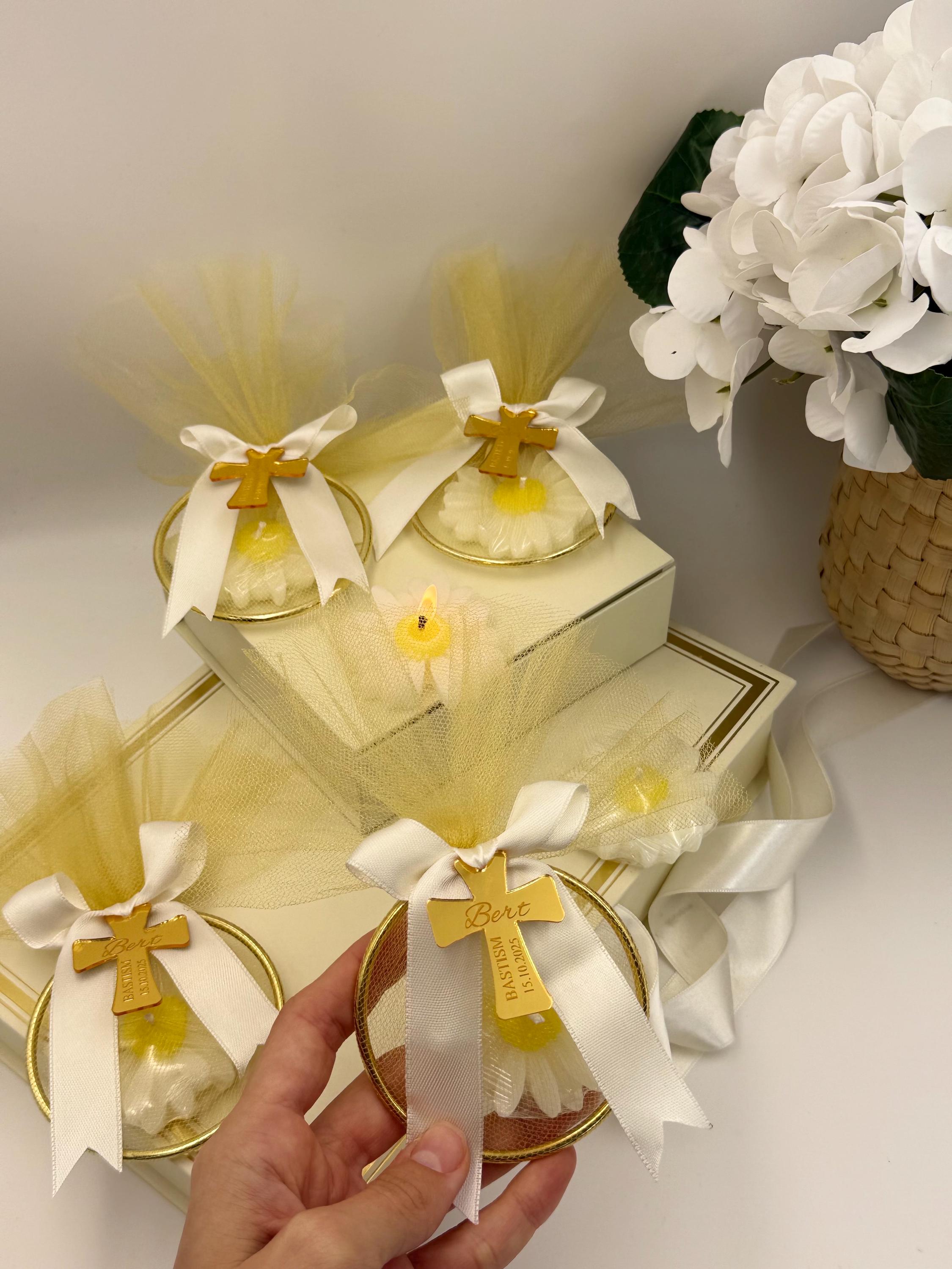 Gold Cross Daisy Candle Favor – Ajdali Handmade Baptism & Christening ...