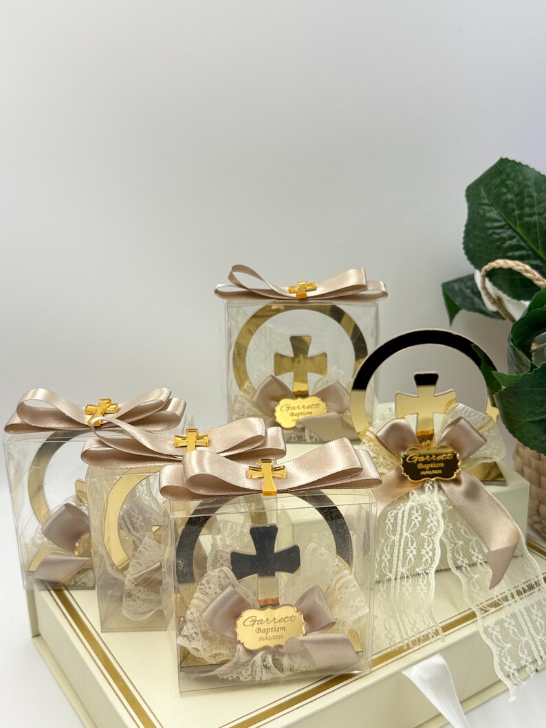 Personalized Gold Acrylic Cross Favor – Baptism Keepsake, Lace Ribbon ...