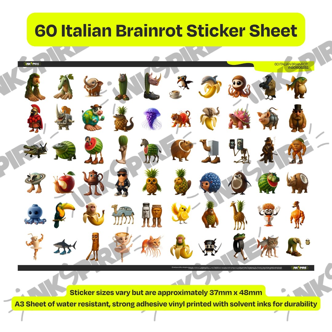 60 Italian Brainrot Stickers - A3 Sheet - Full Colour Solvent Printed ...