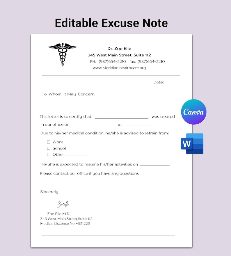 Editable Doctor Excuse Note: Work/school Absence Form (canva, Word, PDF ...
