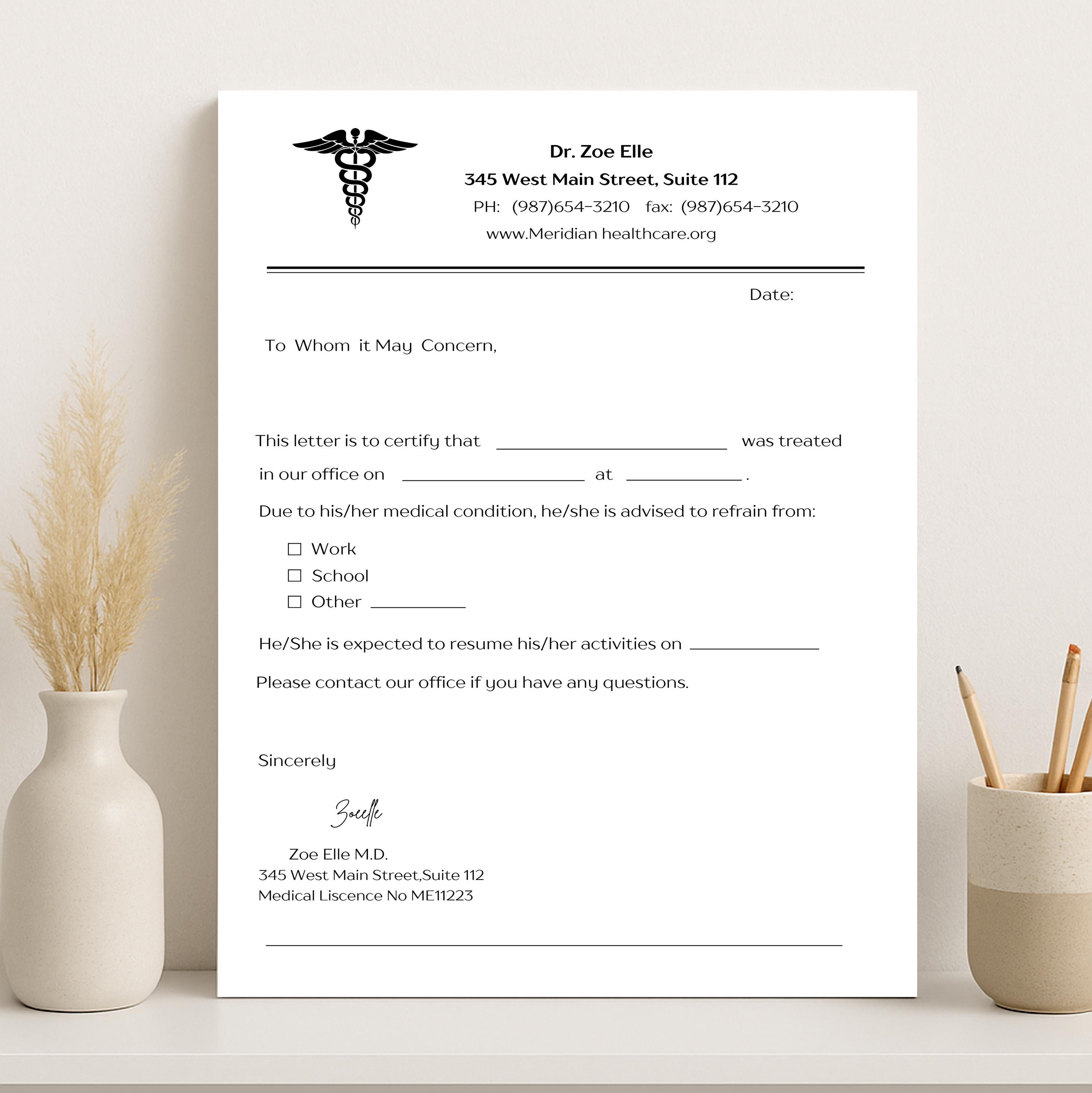 Editable Doctor Excuse Note: Work/school Absence Form (canva, Word, PDF ...