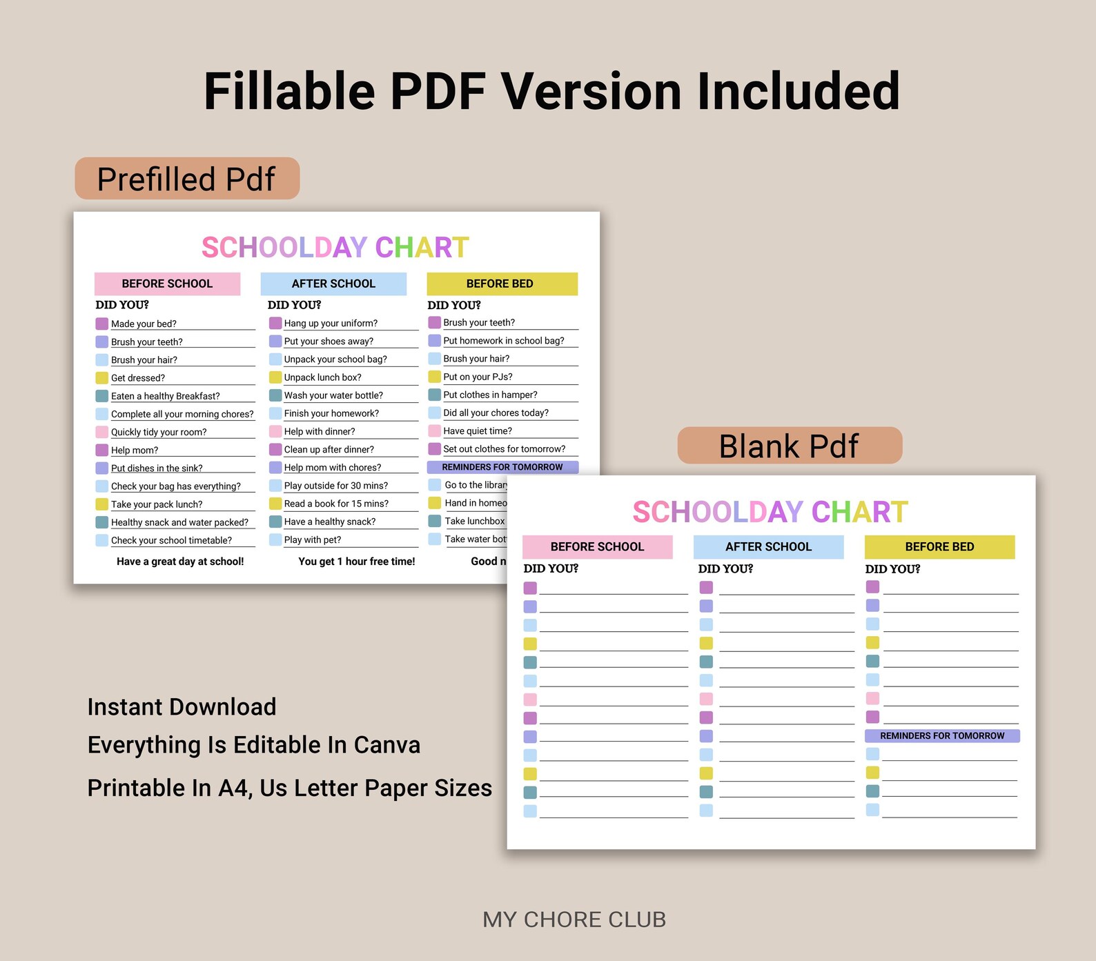 Kids Daily School Checklist | School Day Routine Chart | Editable Chore ...