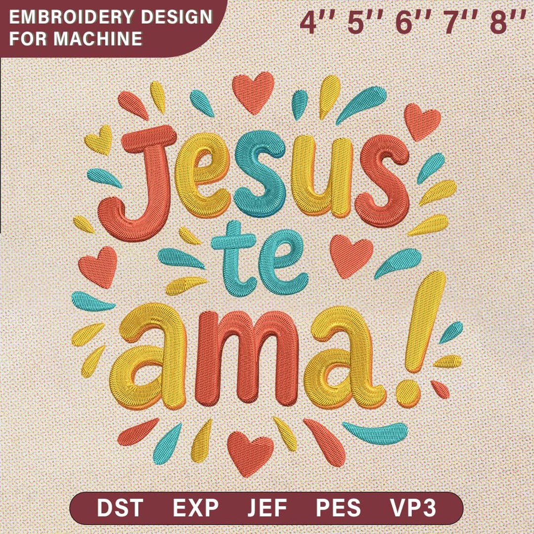 Jesus Te Ama Embroidery Design, Colorful Christian With Heart Details ...