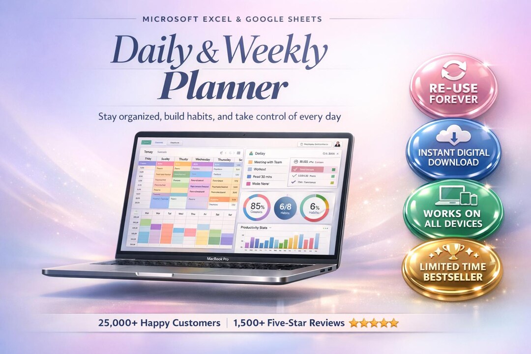 Daily & Weekly Planner Excel Google Sheets | ADHD Friendly Productivity ...