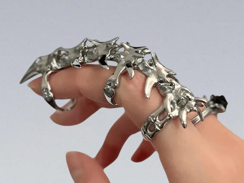 CYBERPUNK ARMOR RING Full Finger Claw Ring Techwear Jewelry Gothic Dragon Bone Ring Goth ...