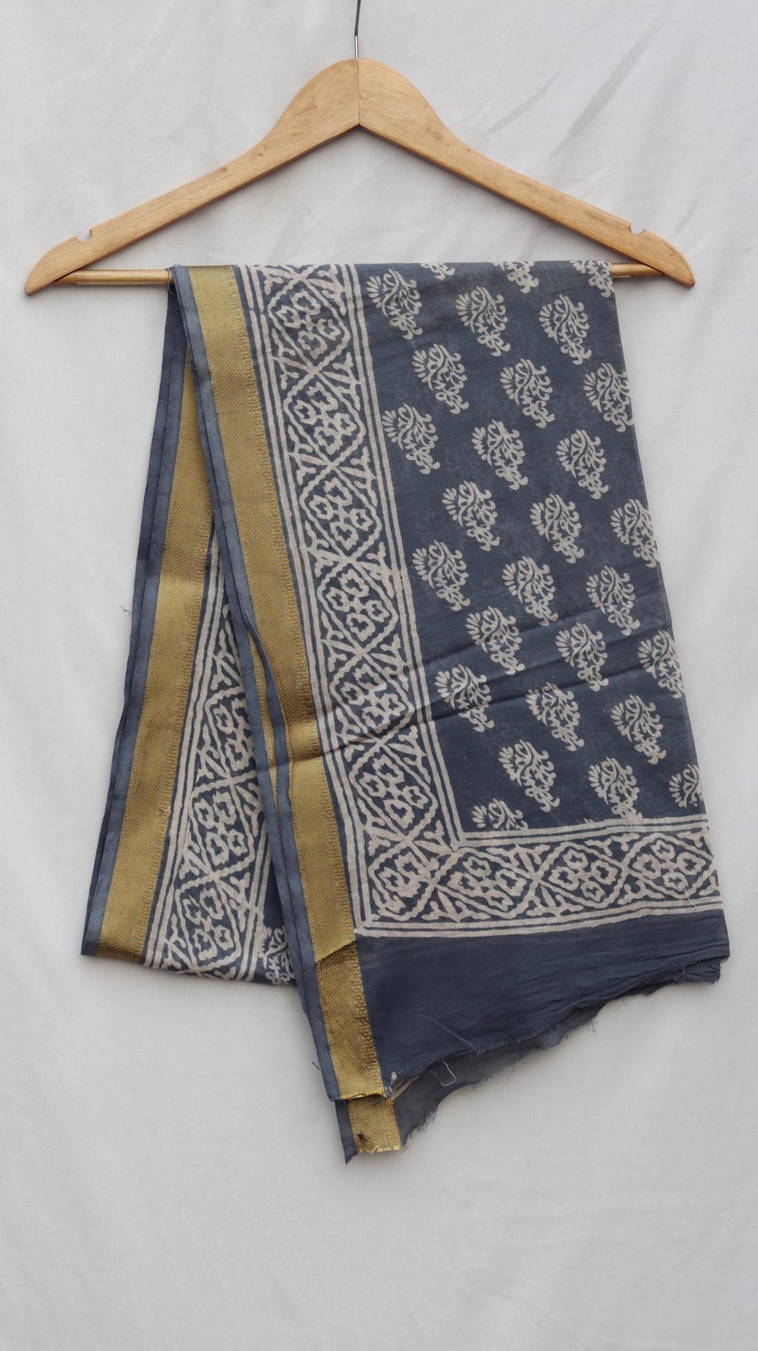 Hand Block Golden Jari Border Printed Cotton Sarong, Long Scarf, Pareo ...