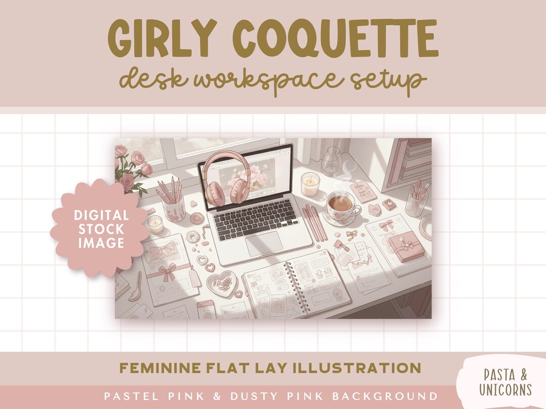 Coquette Desk Illustration: Girly Pink Workspace (PNG - Digital Art) - Etsy