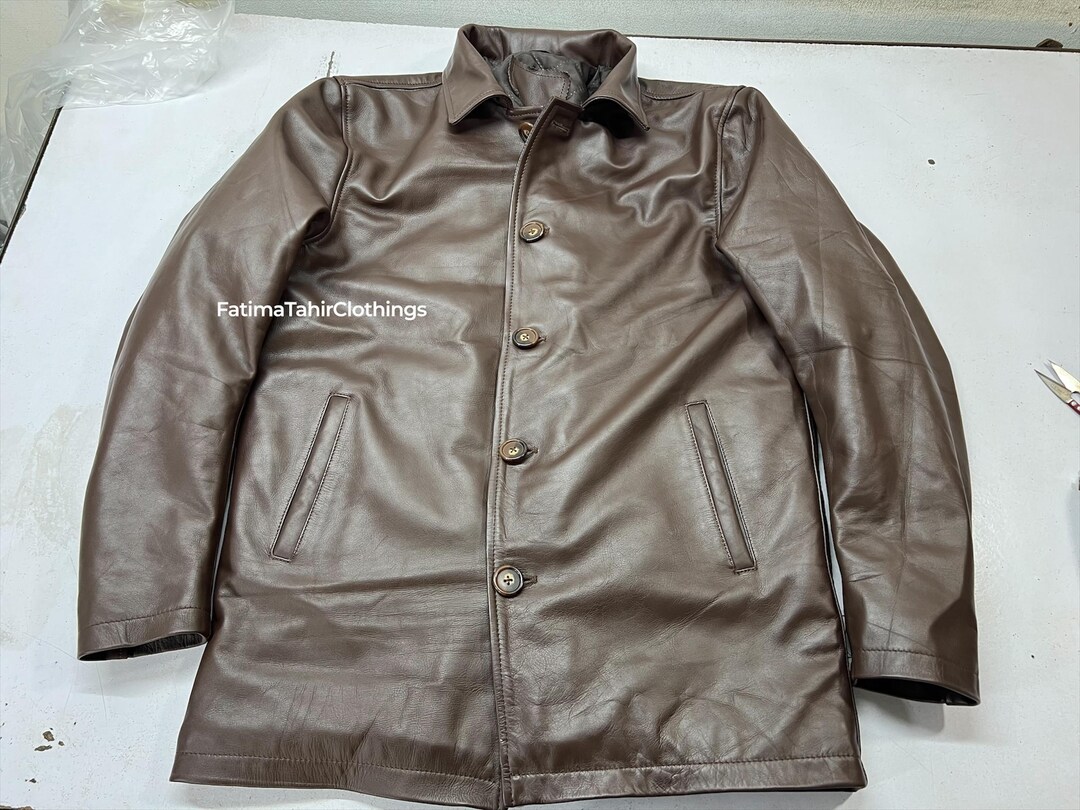 Men’s Brown Leather Coat – Classic Button-up Long Jacket | Handmade ...